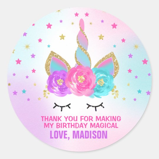 Unicorn Pink & Gold Party Favour Tag Sticker Seal | Zazzle.com