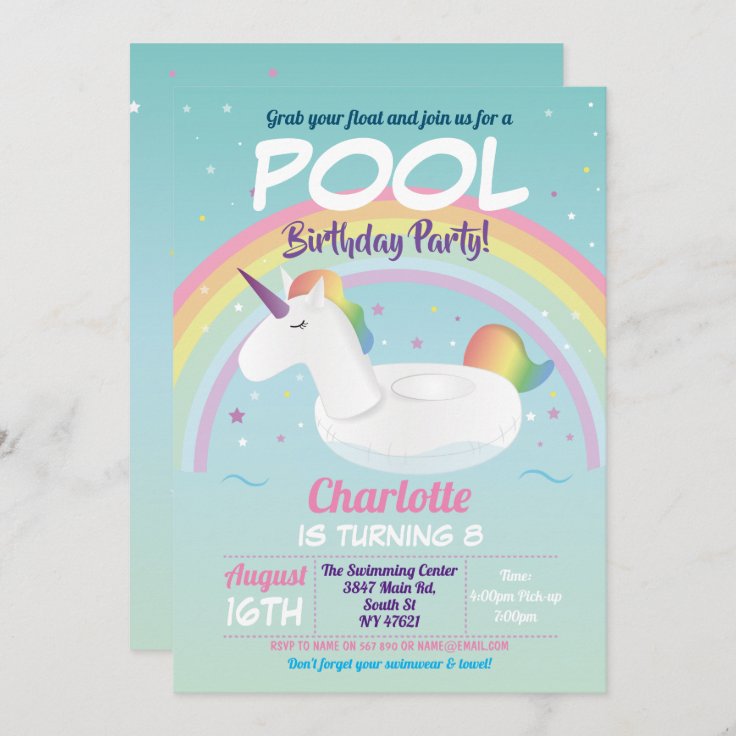 Unicorn Pool Party Birthday Rainbow Beach Float Invitation | Zazzle