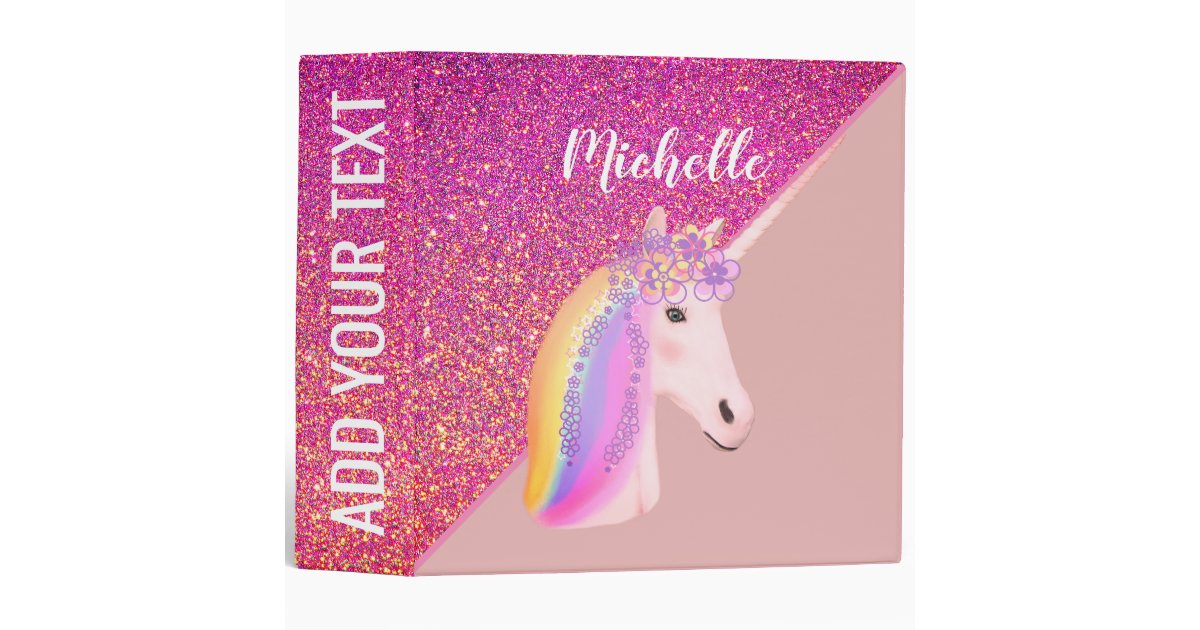 Unicorn Rainbow Flowers Pink Glitter Personalized 3 Ring Binder | Zazzle