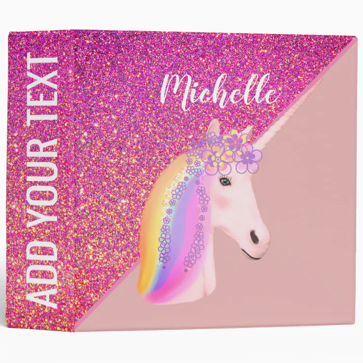 Unicorn Rainbow Flowers Pink Glitter Personalized 3 Ring Binder | Zazzle