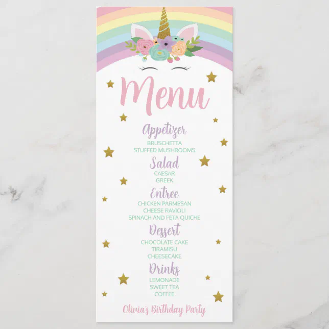 Unicorn Rainbow Glitter Stars Birthday Party Food Menu | Zazzle