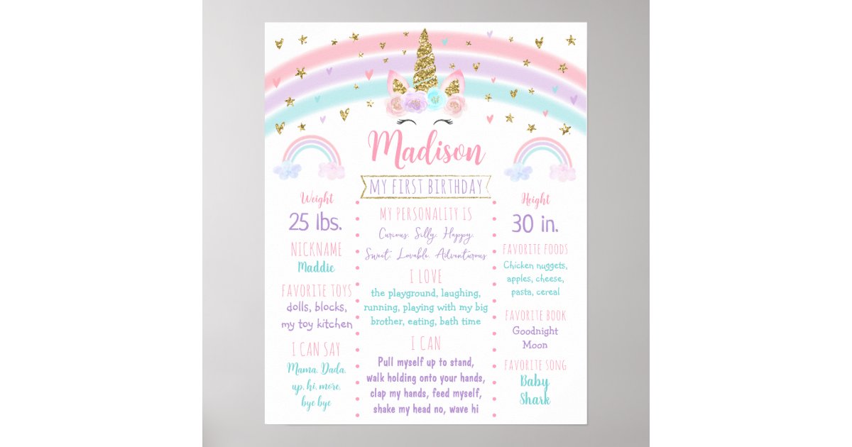Unicorn Rainbow Pink Gold First Birthday Milestone Poster | Zazzle