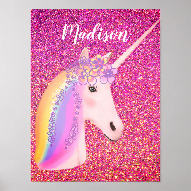 Unicorn Rainbow Pink Gold Glitter Sparkle Girls Poster | Zazzle