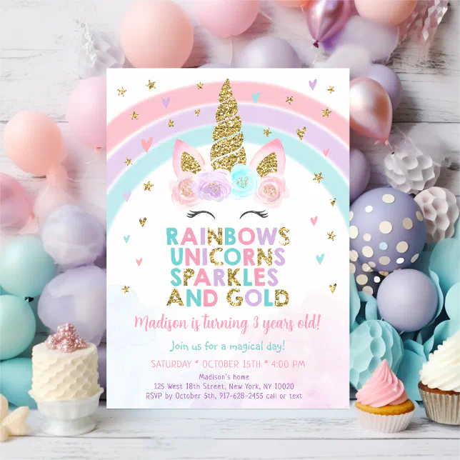 Unicorn Rainbow Sparkles Gold Birthday Invitation | Zazzle
