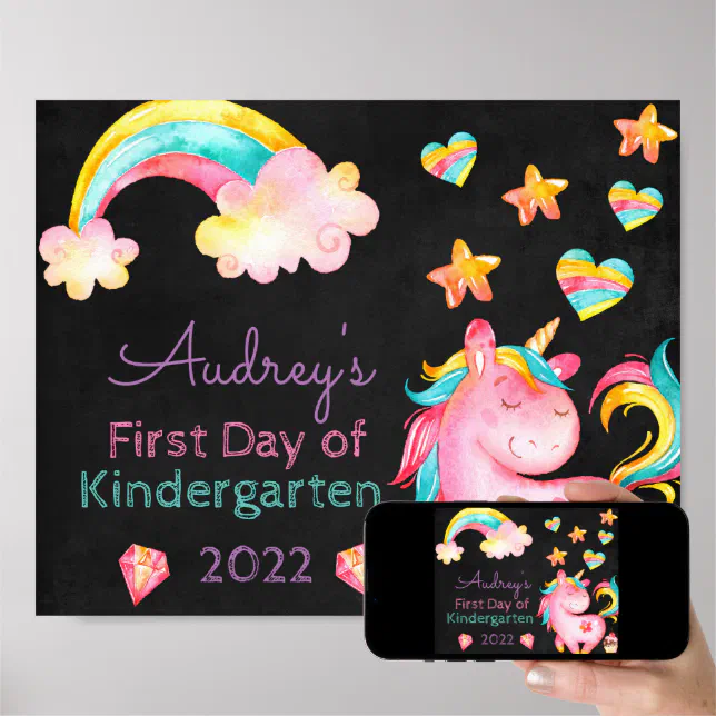 Unicorn & Rainbows First Day of School Chalkboard Poster | Zazzle