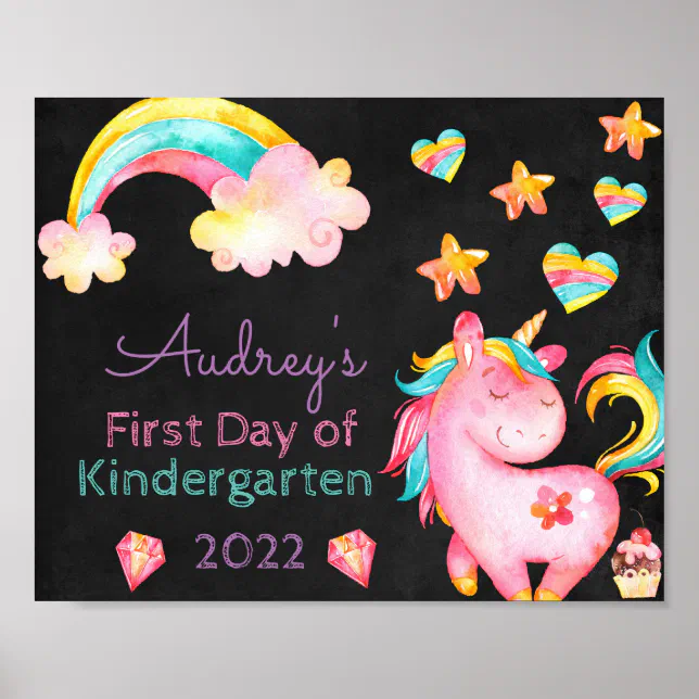Unicorn & Rainbows First Day of School Chalkboard Poster | Zazzle