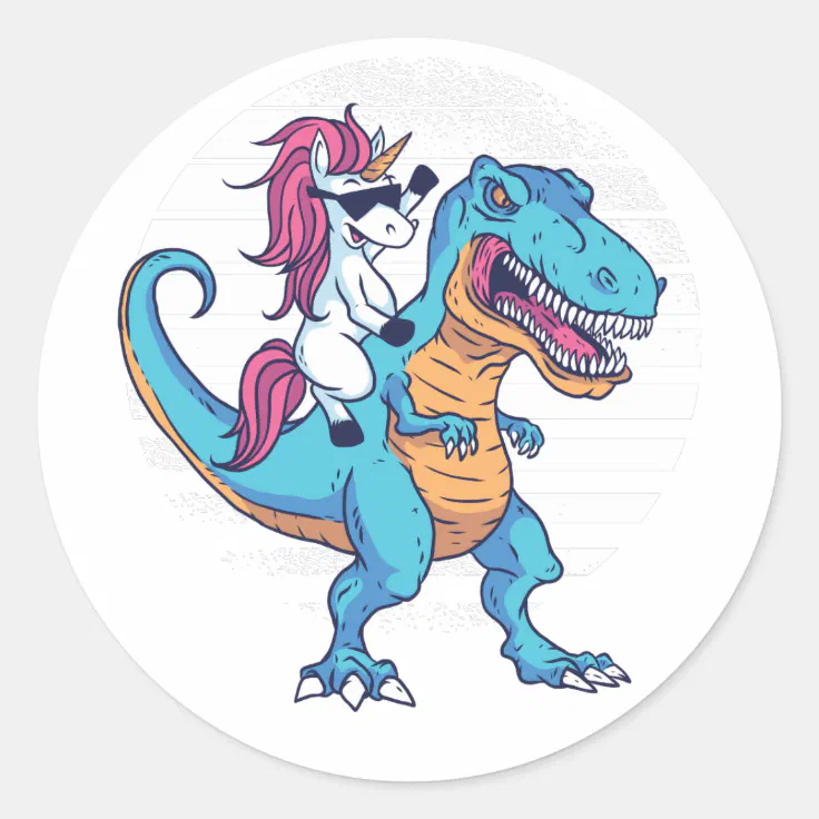 Unicorn Riding T-Rex Classic Round Sticker | Zazzle