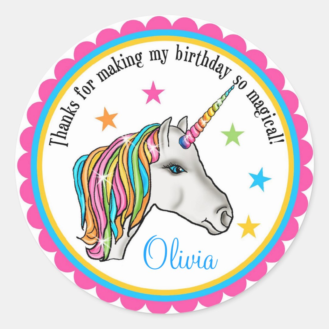 Unicorn Stickers, Unicorn birthday party stickers | Zazzle