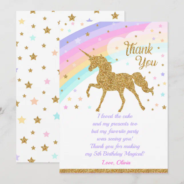 Unicorn Thank You Card, Birthday Thank You Card | Zazzle