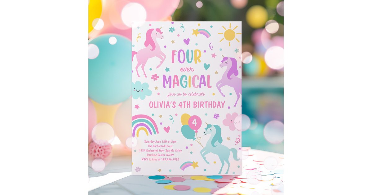 Unicorn Un-Four-Gettable 4th Party Birthday Party Invitation | Zazzle