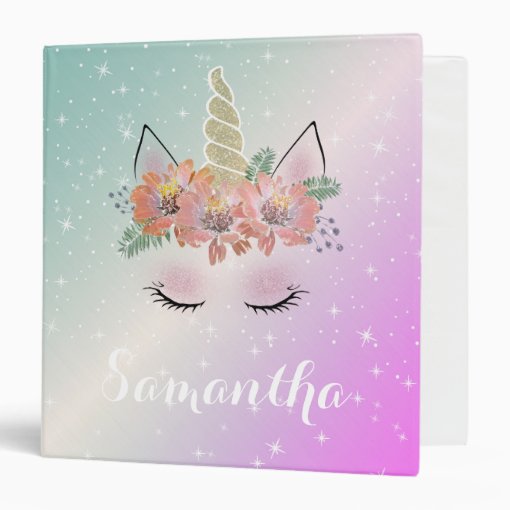 Unicorn, Unicorn Face, personalized, girly, floral 3 Ring Binder | Zazzle