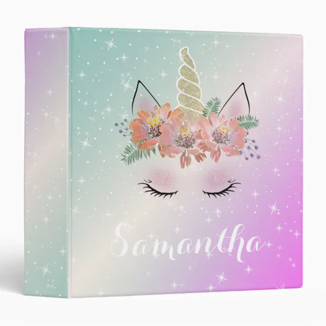 Unicorn, Unicorn Face, personalized, girly, floral 3 Ring Binder | Zazzle