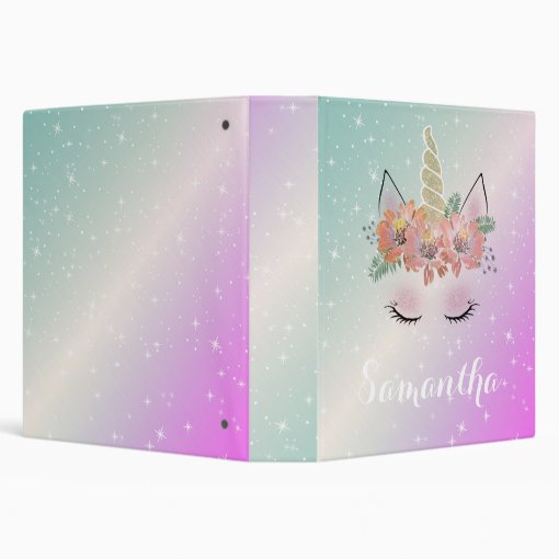 Unicorn, Unicorn Face, personalized, girly, floral 3 Ring Binder | Zazzle
