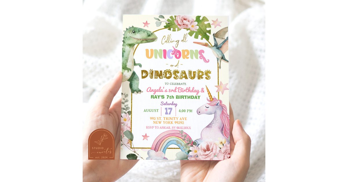Unicorns and Dinosaurs Joint Sibling Birthday Invitation | Zazzle