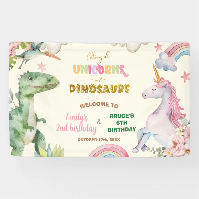 Unicorns and Dinosaurs Joint Sibling Welcome Sign | Zazzle