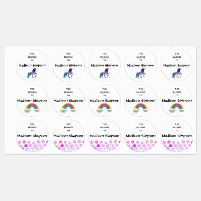 Unicorns, Rainbows, Flowers - Kid's Labels | Zazzle
