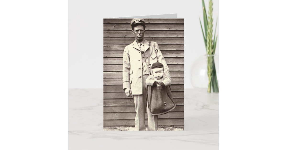Uniformed Postman with Baby in Mailbag Card | Zazzle