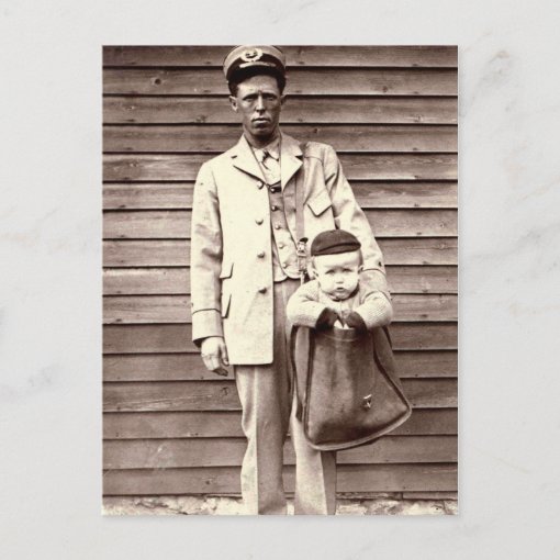 Uniformed Postman with Baby in Mailbag Postcard | Zazzle