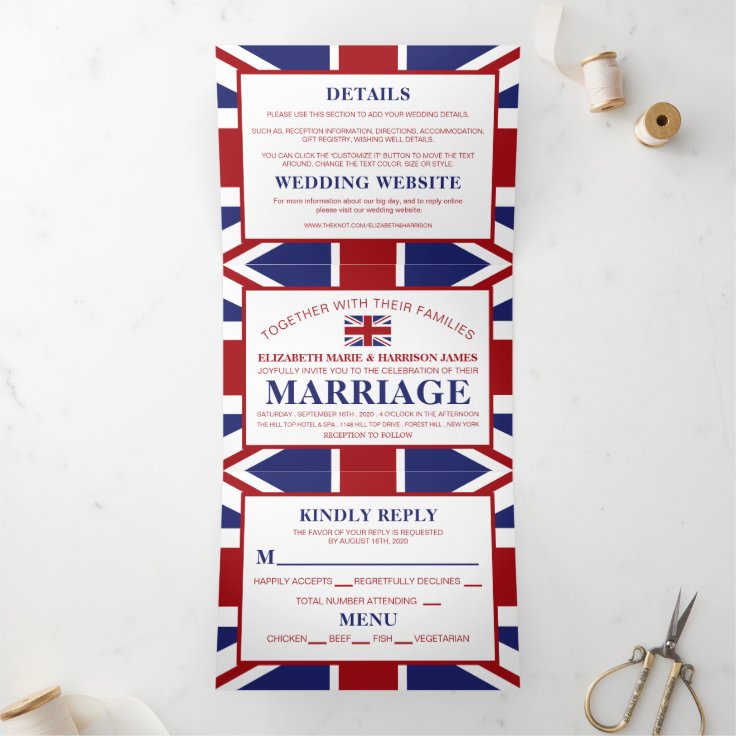 Union Jack Flag, British Wedding Suite Tri-Fold Invitation | Zazzle