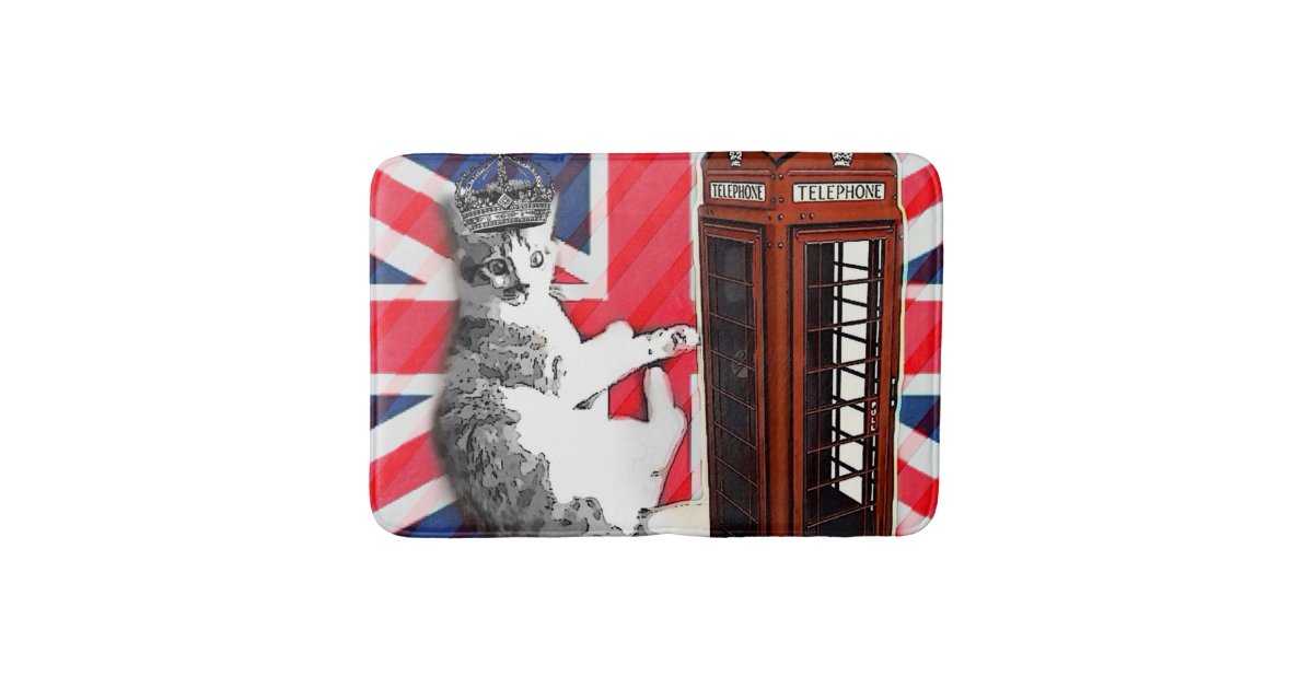union jack flag telephone booth crown kitty cat bath mat | Zazzle