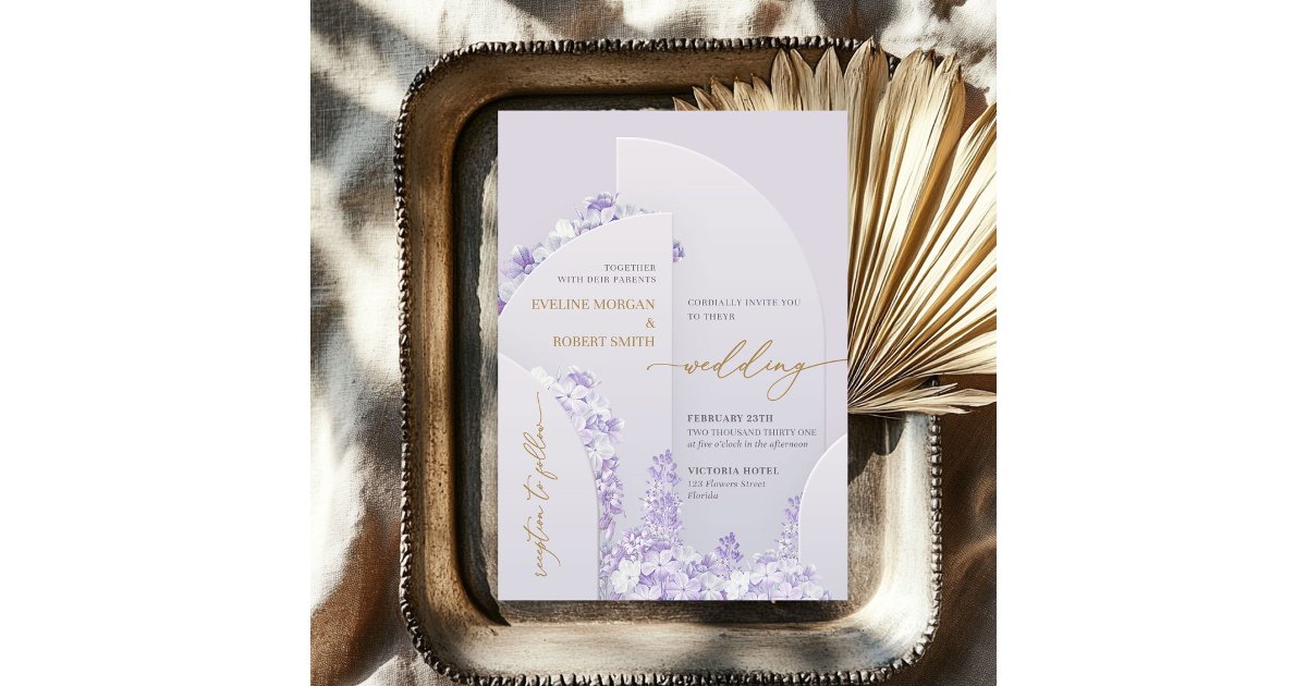 Unique 4 arches spring purple lilac flowers gold invitation | Zazzle