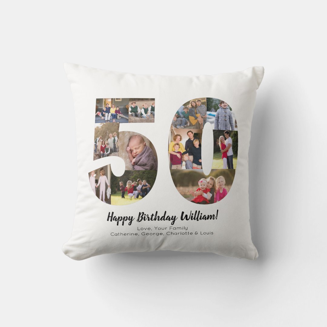 Unique 50 Number Photo Collage Custom Greeting Throw Pillow | Zazzle