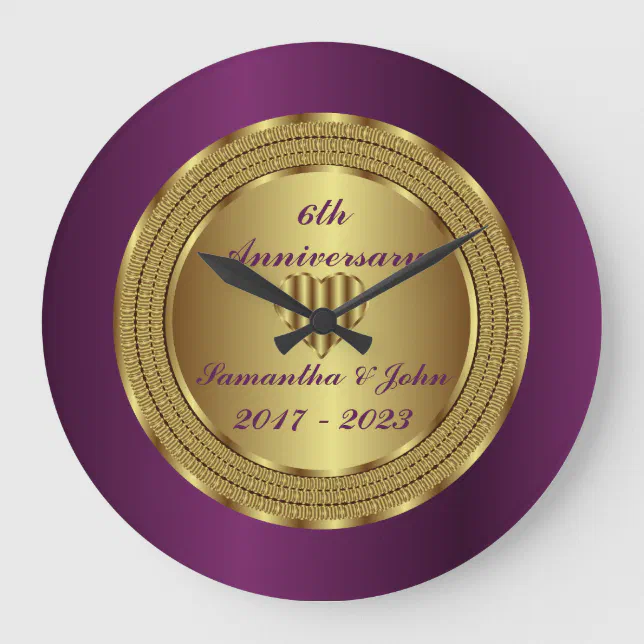 Unique 6th Purple And Gold Wedding Anniversary Large Clock | Zazzle