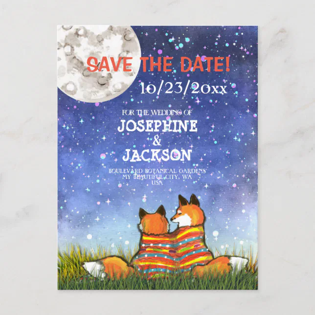 Unique Blue Fox Moon Stars Save the Date Wedding Announcement Postcard ...