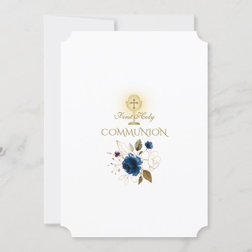 Unique Blue Gold Flowers First Holy Communion Invitation | Zazzle