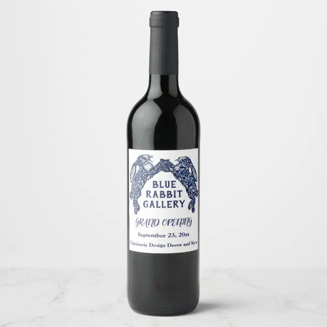 Unique Blue White Bunny Rabbit Business Celebrate Wine Label | Zazzle