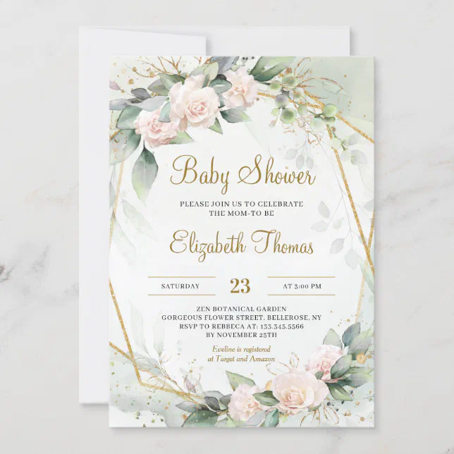 Unique Blush Pink Floral Greenery Gold Frame Baby Invitation | Zazzle