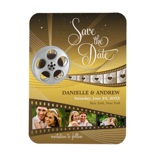 Unique Gold Movie Reel Wedding Photo Save the Date Magnet | Zazzle