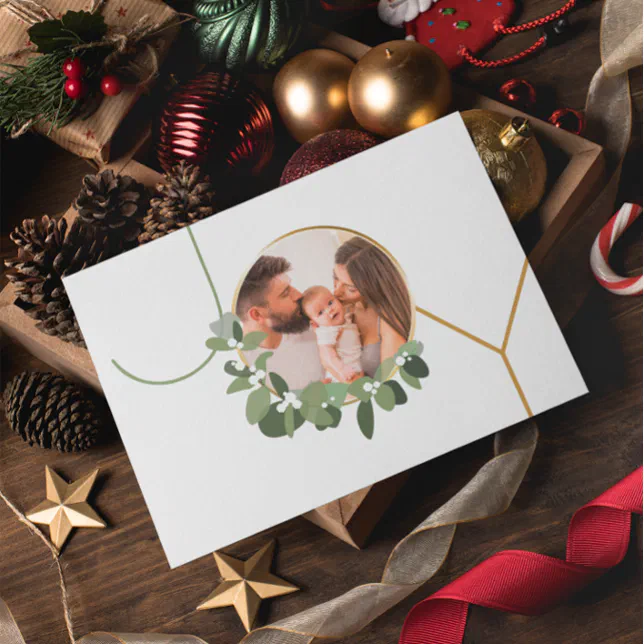 Unique Joy Custom 2 Family Photos Modern Wreath Holiday Card | Zazzle