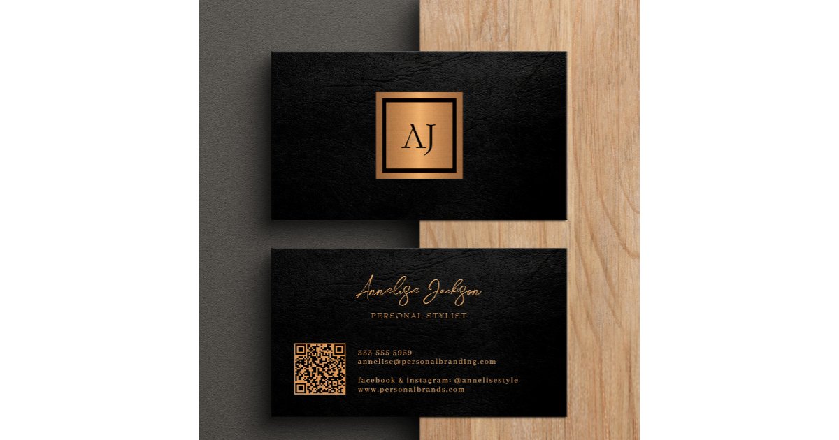Unique modern bold monogram QR code gold black Business Card | Zazzle