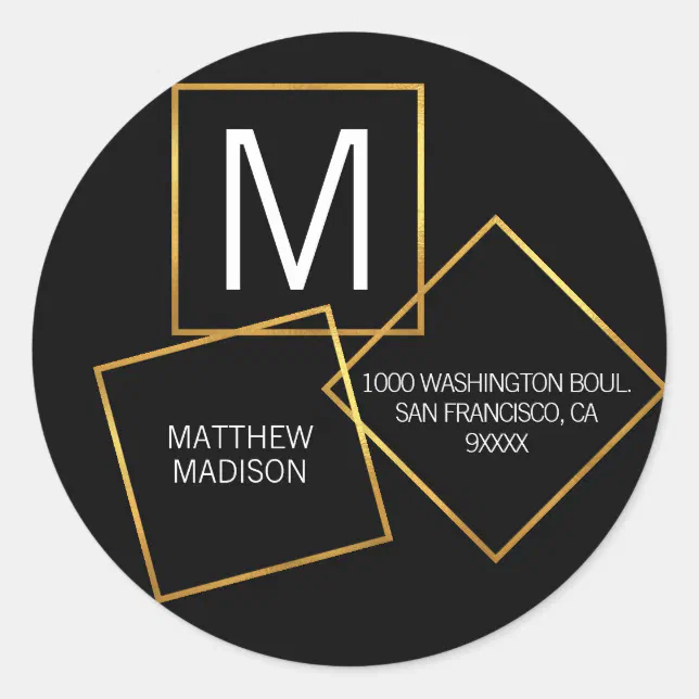 Unique Modern Monogram Gold Frame Black Address Classic Round Sticker ...