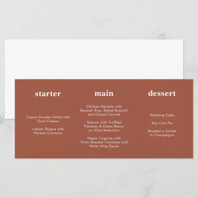 Unique Modern Terracotta Horizontal Wedding Menu | Zazzle