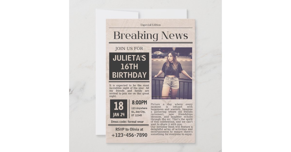 Unique Newspaper Style Birthday Invitation | Zazzle