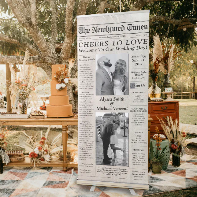 Unique Newspaper Theme Photo Wedding Welcome Retractable Banner | Zazzle