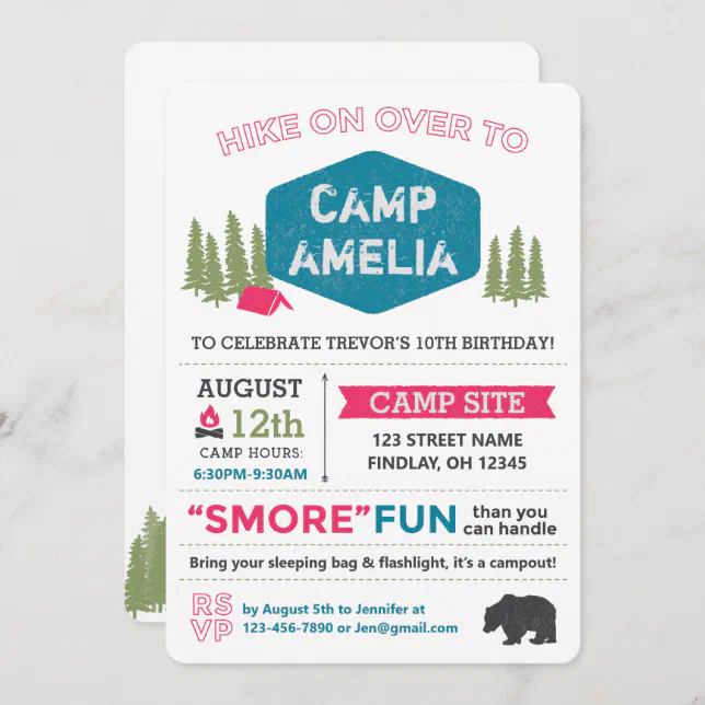 Unique Personalized Camp Name Birthday Party Pink Invitation | Zazzle