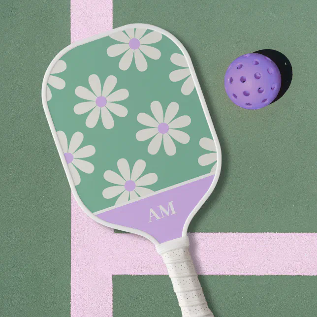 Unique Retro Floral Monogram Green & Lavender Pickleball Paddle | Zazzle
