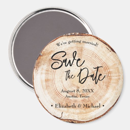 Unique Rustic wedding Wood Disk Tree bark Custom Magnet | Zazzle