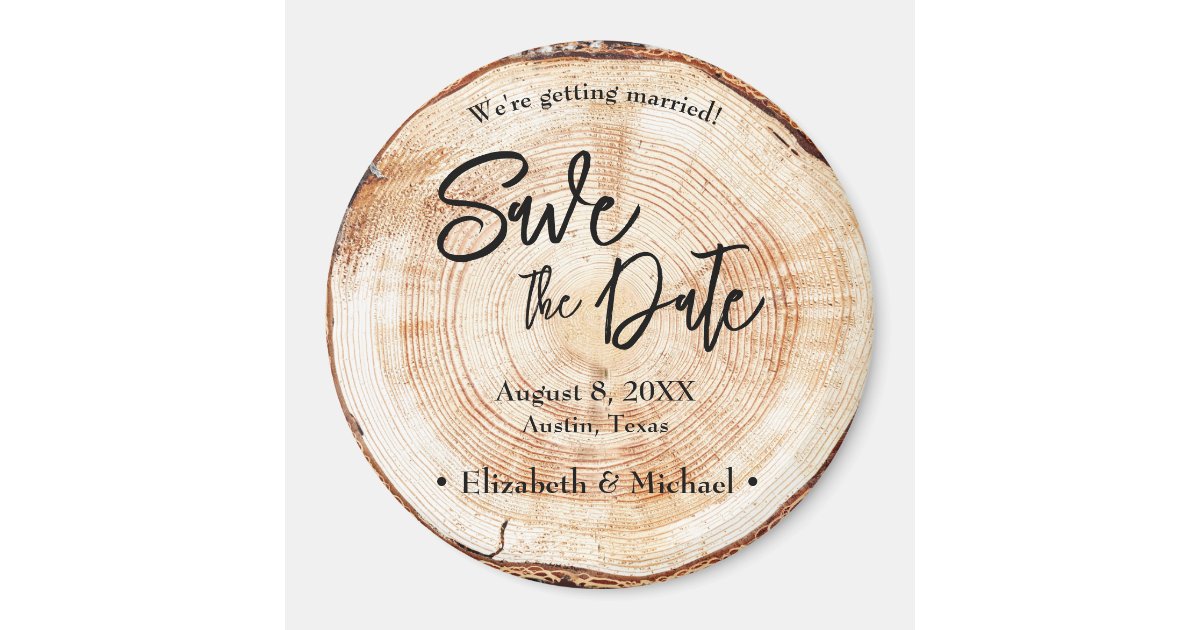 Unique Rustic wedding Wood Disk Tree bark Custom Magnet | Zazzle