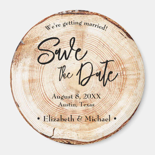 Unique Rustic wedding Wood Disk Tree bark Custom Magnet | Zazzle