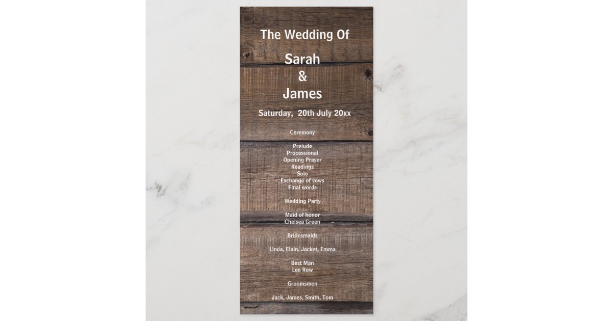 Unique Rustic Wood Wedding Programme Service Card | Zazzle