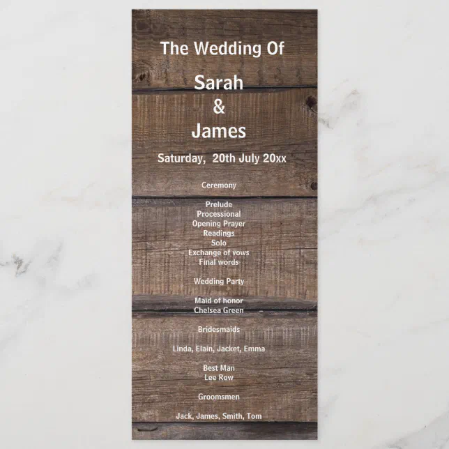 Unique Rustic Wood Wedding Programme Service Card | Zazzle