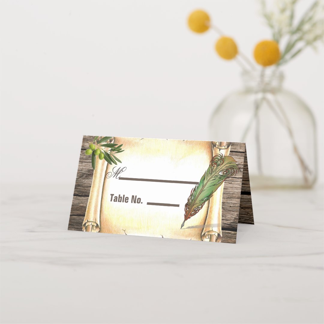 Unique Scroll & Feather Pen Table Place Card | Zazzle