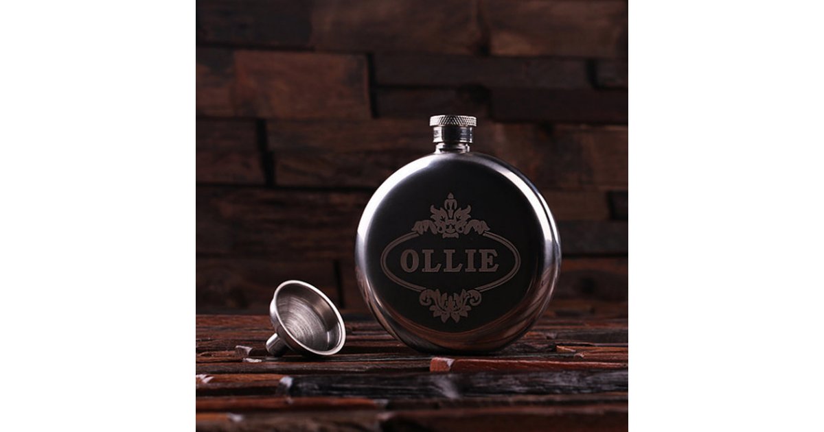 Unique Silver Engraved Round 5 oz. Steel Hip Flask | Zazzle