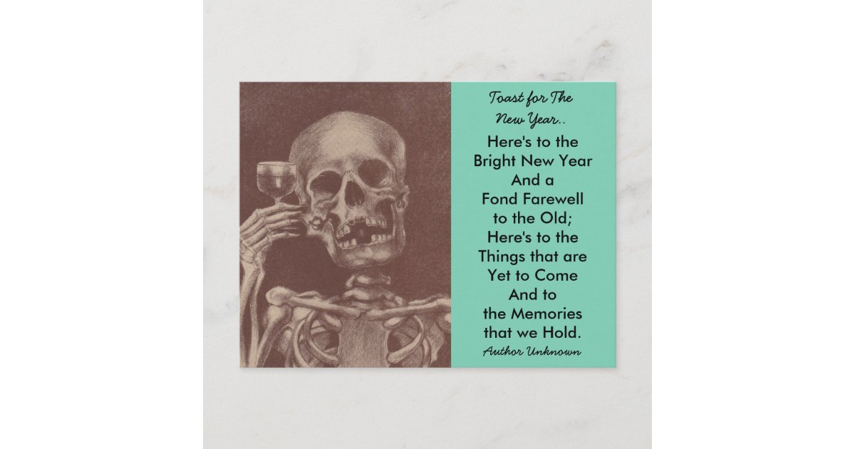 Unique vintage happy skeleton toasting New Year's Holiday Postcard | Zazzle
