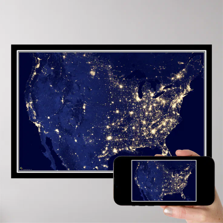 United States City Lights at Night Satellite Map Poster | Zazzle