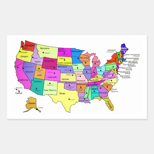 United States Map state names and capitals Rectangular Sticker | Zazzle